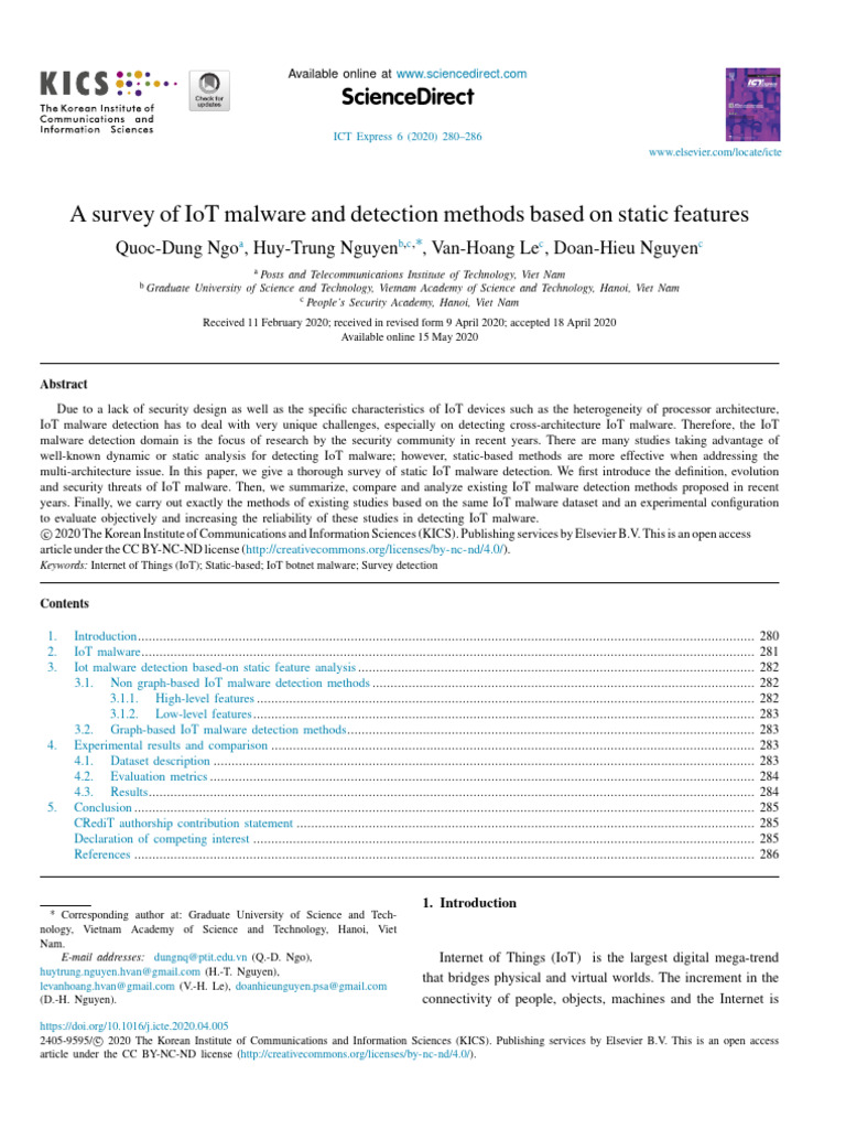 2020 - Quoc-Dung Ngo - A Survey of IoT Malware and Detection Methods Based On Static Features | PDF