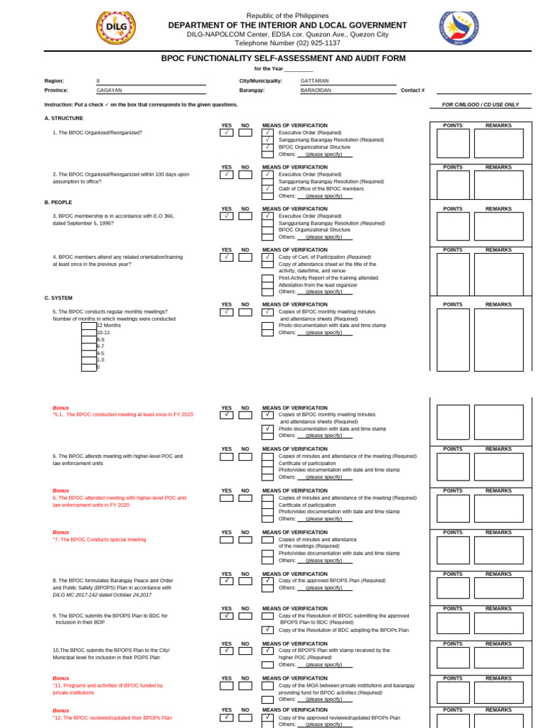 BPOC SELF ASSESSMENT AND AUDIT FORM BPOC Form 1 | PDF