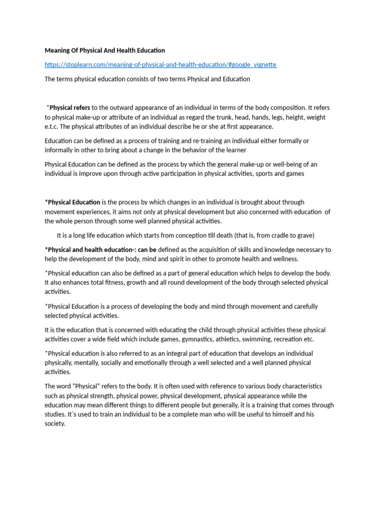 Meaning of Physical and Health Education | PDF