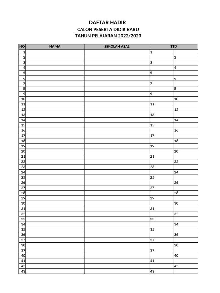 Daftar Hadir Siswa Baru | PDF
