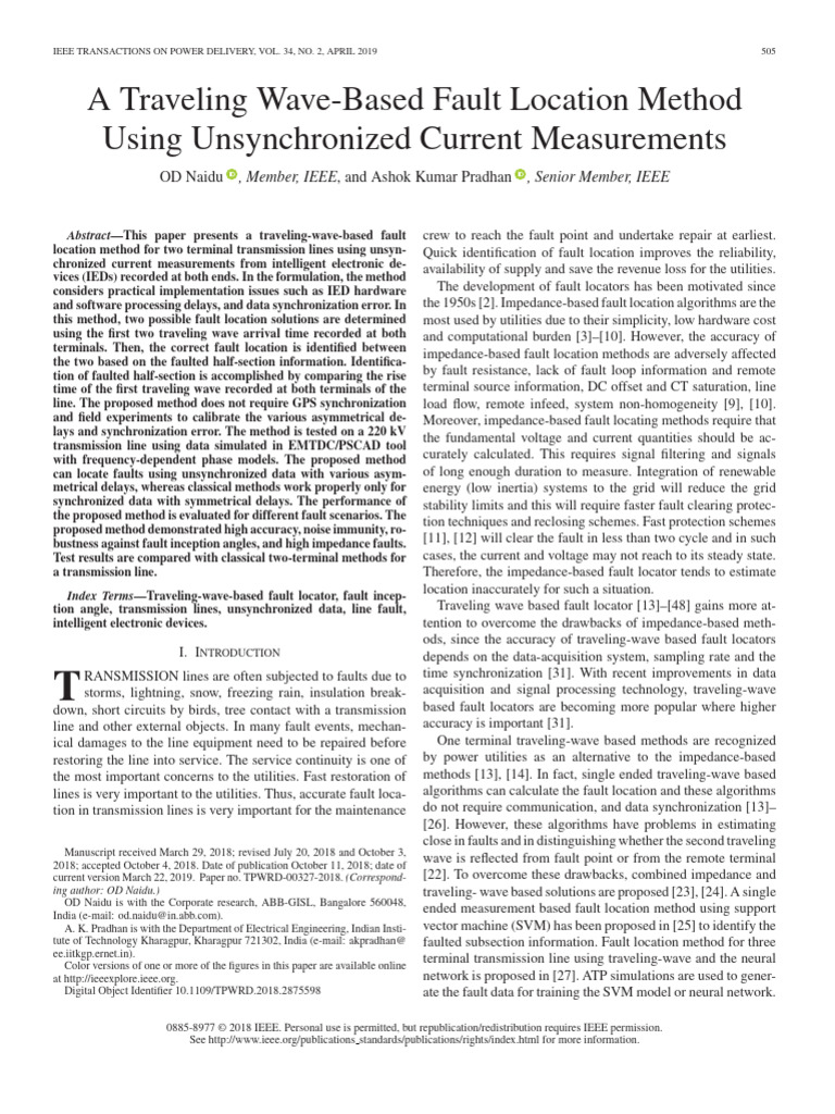 A Traveling Wave-Based Fault Location Method Using Unsynchronized Current Measurements | PDF