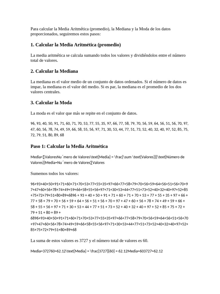 Calculo de Media Aritmética, Mediana y Moda | PDF