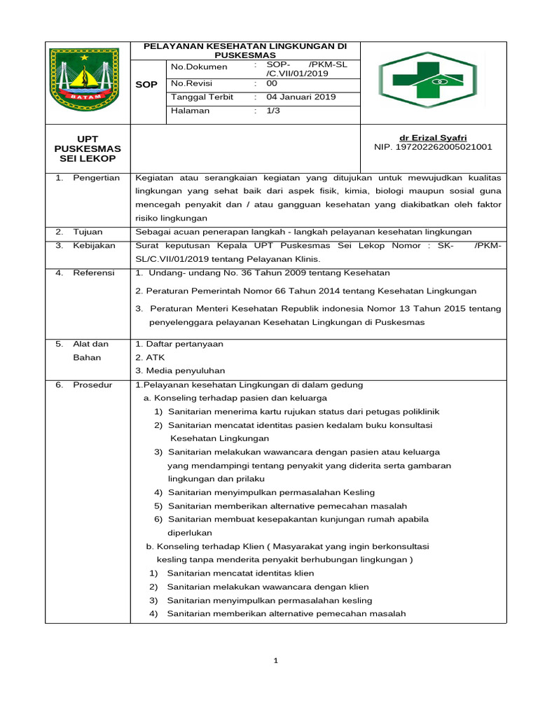 Sop Pelayanan Kesling PKM Ok | PDF