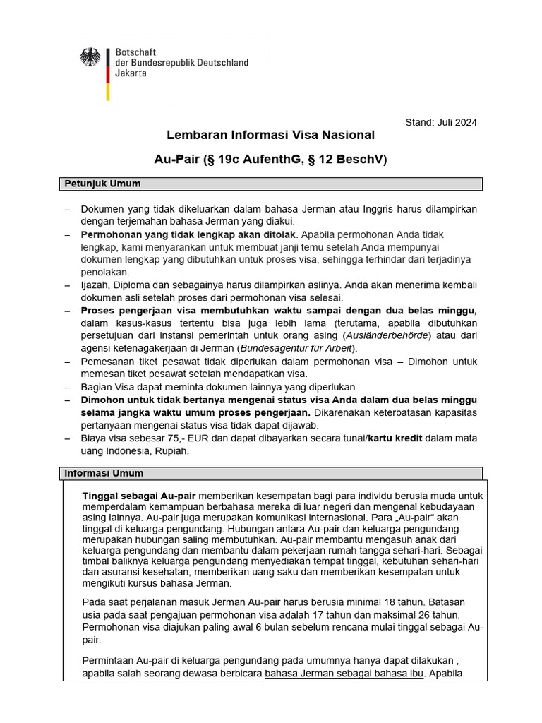 Merkblatt Au Pair Aufenthalt Idn Data | PDF