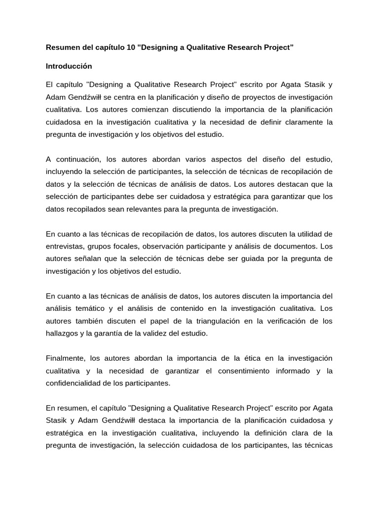 Resumen Del Capítulo - Designing A Qualitative Research Project ...