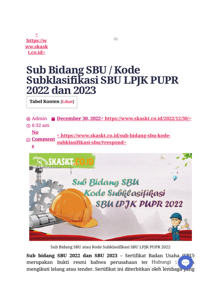 Sub Bidang SBU - Kode Subklasifikasi SBU LPJK PUPR 2022 Dan 2023 | PDF