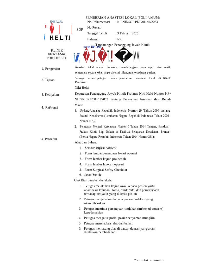 SOP Pemberian Anastesi Lokal (Poli Umum) | PDF