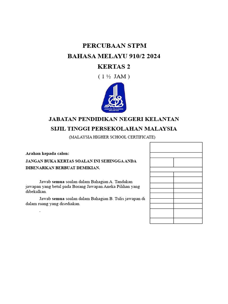 Soalan PERCUBAAN NEGERI KELANTAN BM STPM SEM 2 2024 | PDF