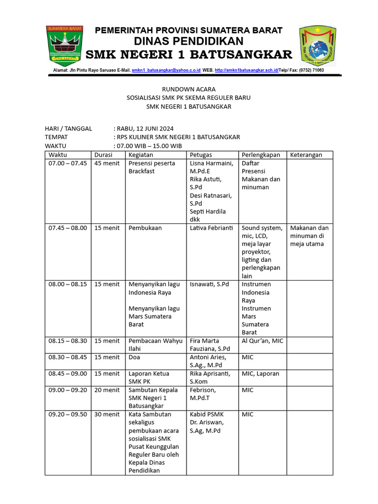 Rundown Acara Sosialisasi SMK PK | PDF