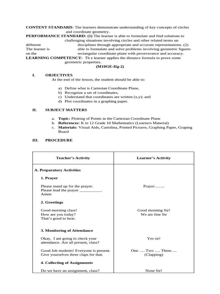 Detailed Lesson Plan For Plotting Points | PDF