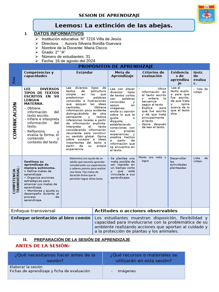 SESION DE APRENDIZAJE COM Plan Lector La Extinsion de Las Abejas | PDF