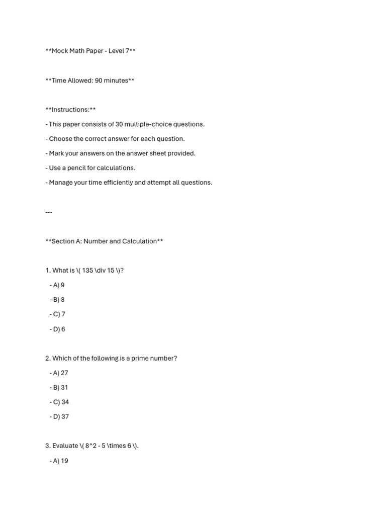 Mock Math Paper 7 | PDF