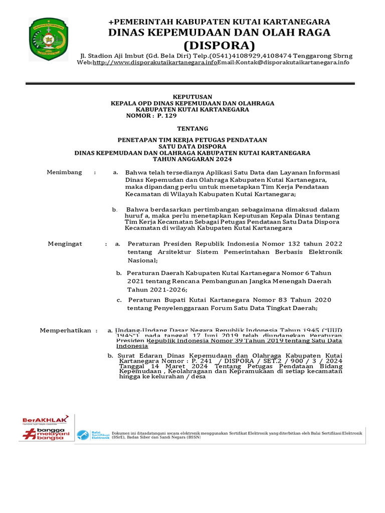 SK Tim Pendataan Sdi Dispora 2024 - Signed | PDF | Indonesia