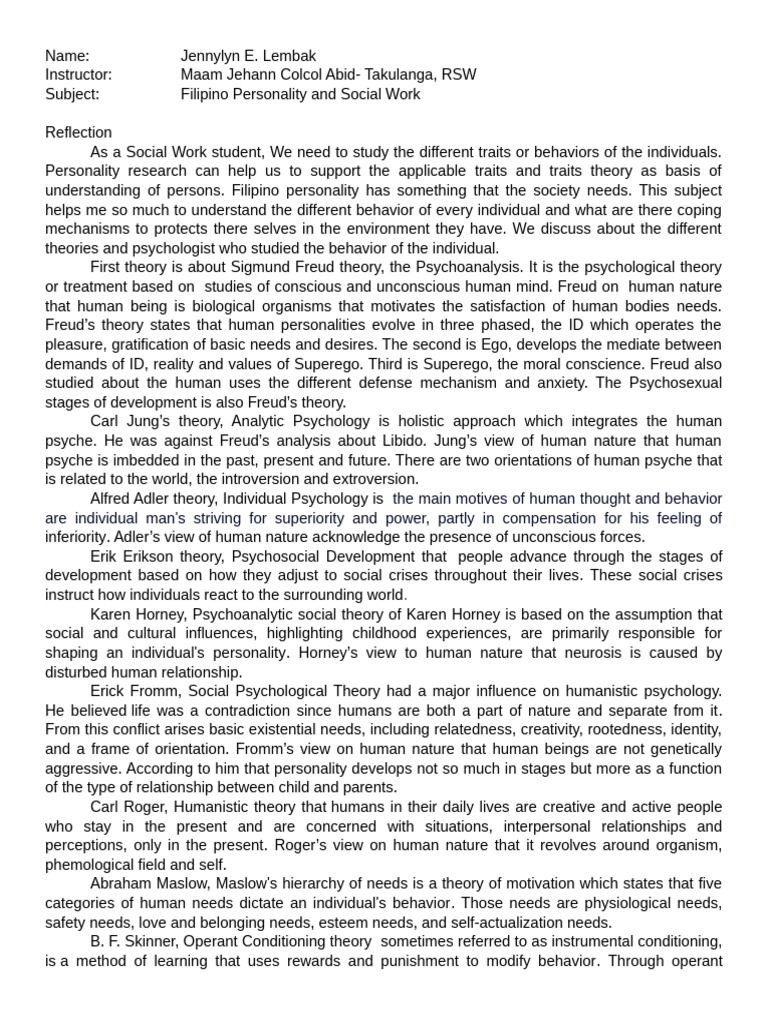 Reflection Filipino Personality | PDF | Id | Psychology