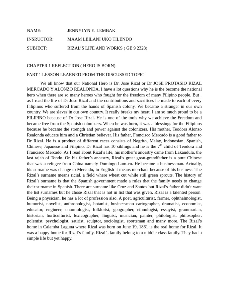 Reflection on Rizal's Life and Legacy | PDF | Social Science | History