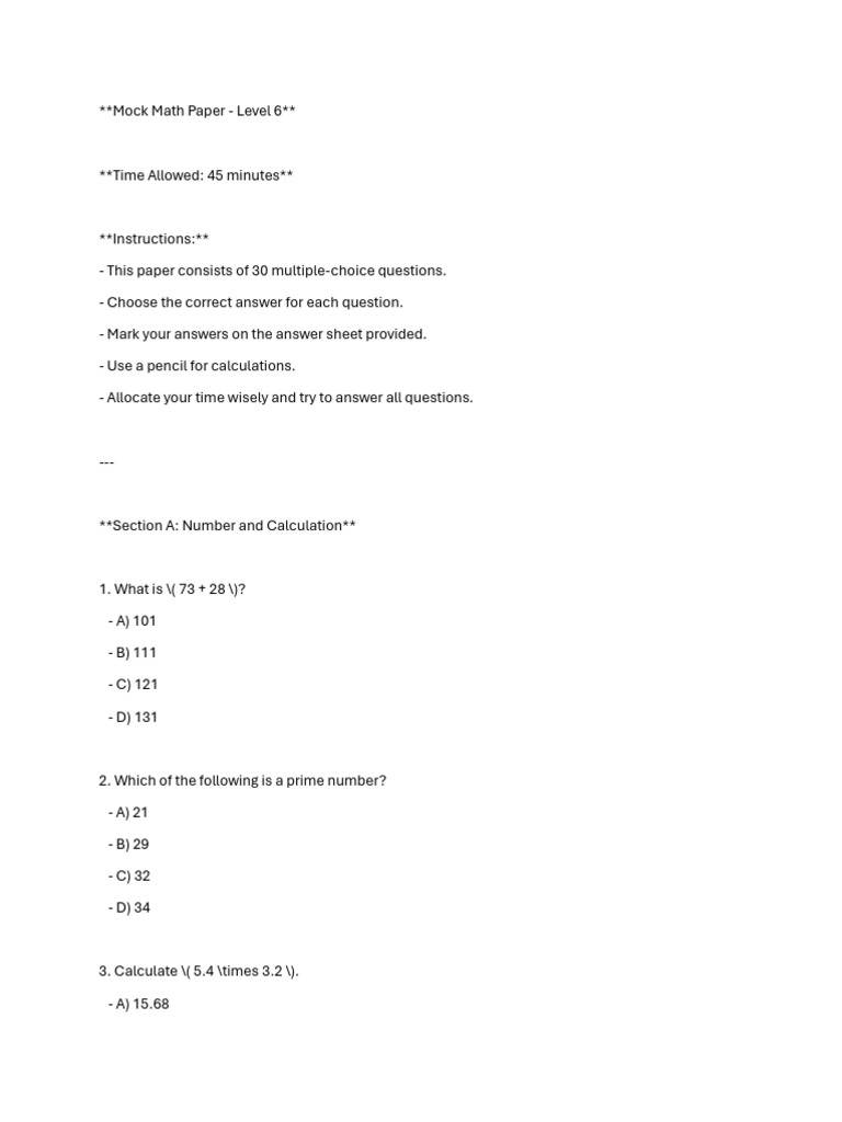Mock Math Paper 6 | PDF