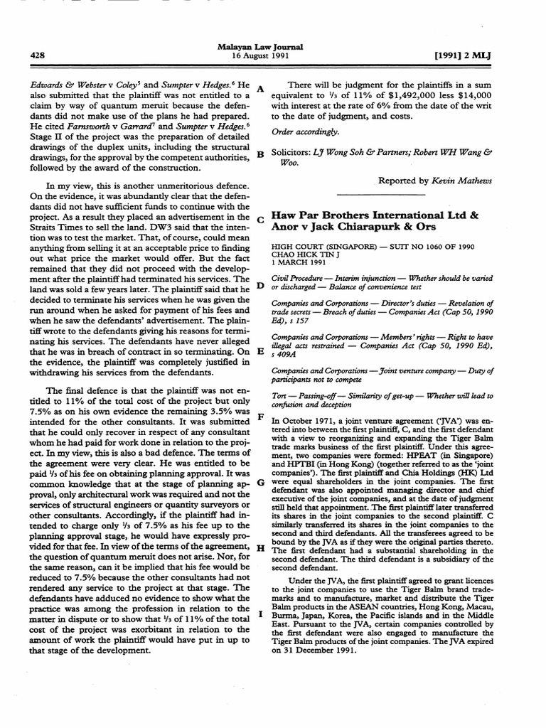 9 - Haw Par Brothers International LTD & Anor V Jack Chiarapurk & Ors | PDF