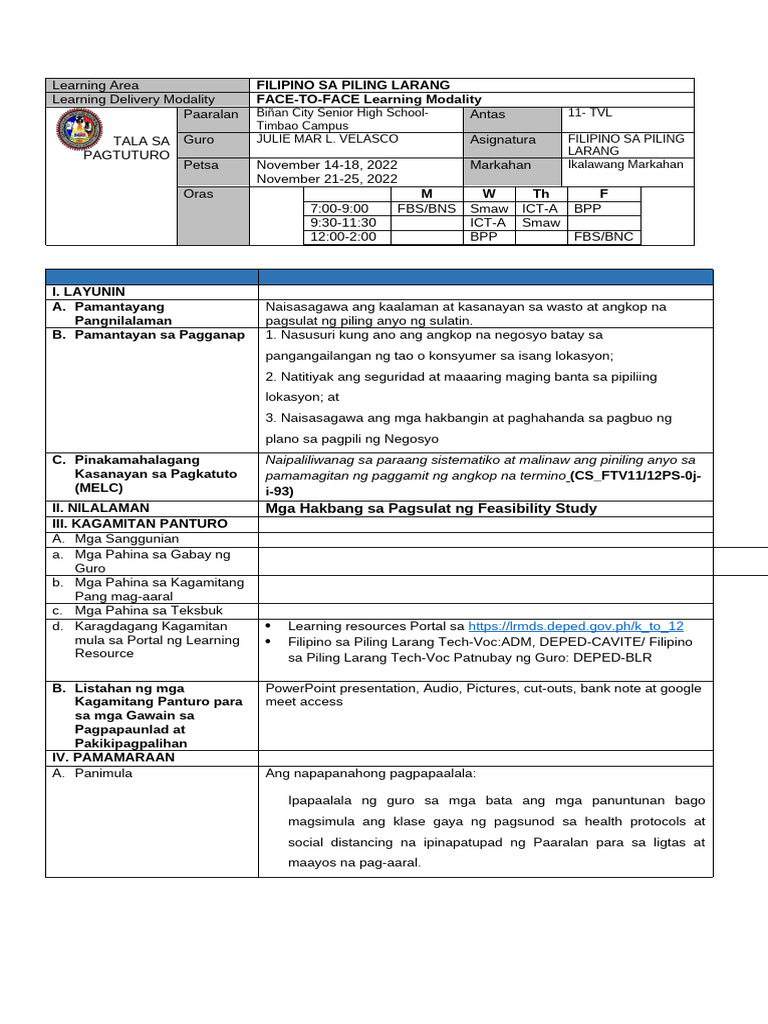 LE - FPL - Week2-3 - Hakbang Sa Pagsulat NG FS | PDF