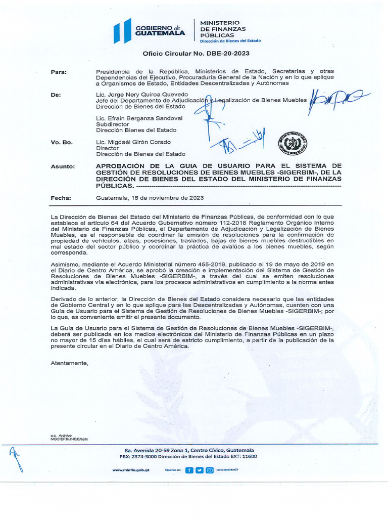 Oficio Circular No. DBE-20-2023 y Guia de Usuario - SIGERBIM - 2023 | PDF