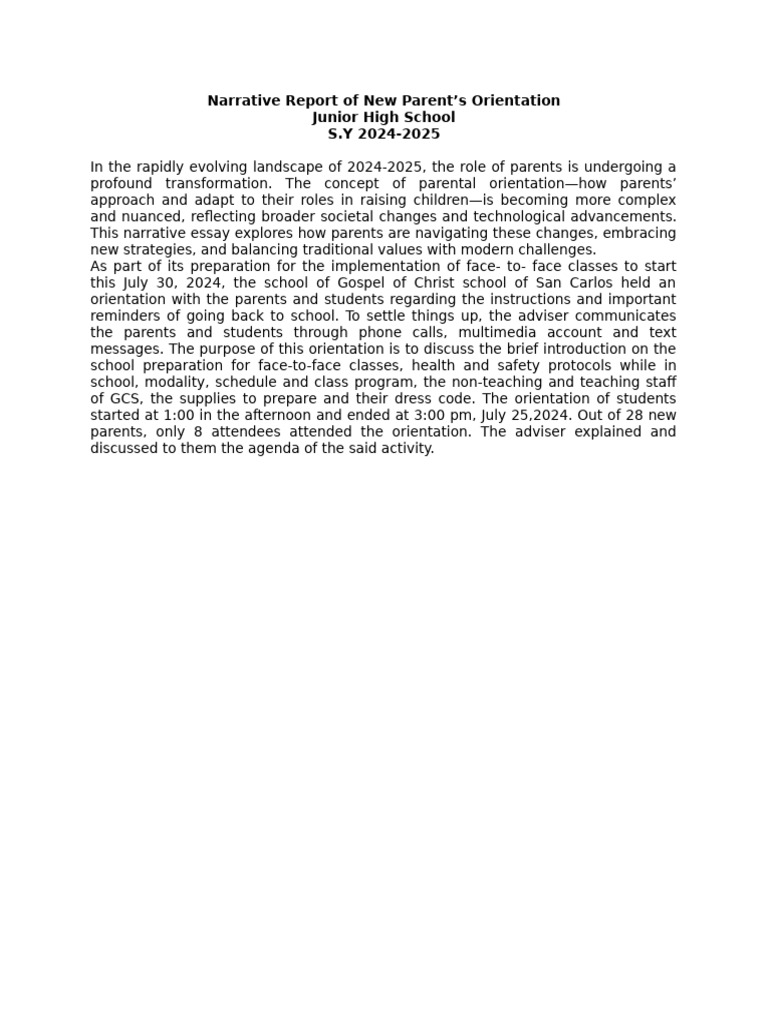 Narrative Report of New Parent Orientation 2024-2025 | PDF