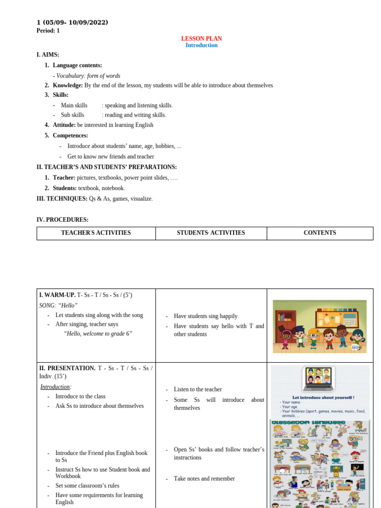 Lesson Plans FRIENDS PLUS 6 WEEK 1-15 | PDF