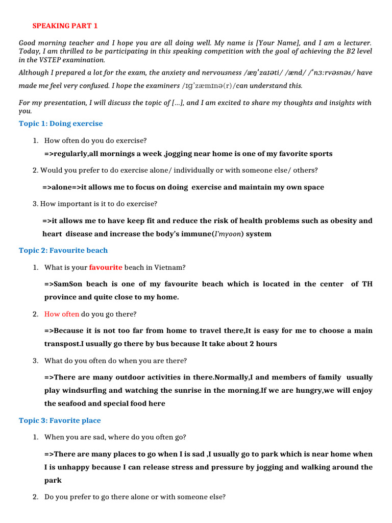 4.1.1 - COLLECTION OF SPEAKING PART 1 (Common topics) | PDF