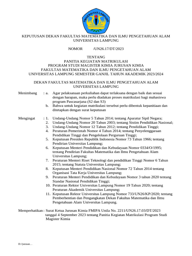 Draft SK Panitia Matrikulasi S2 Kimia - Ganjil 2023-2024 | PDF | Sains & Matematika