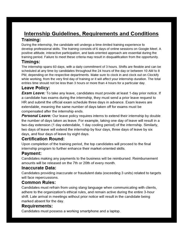 Internship Guidelines, Requirements and Conditions | PDF
