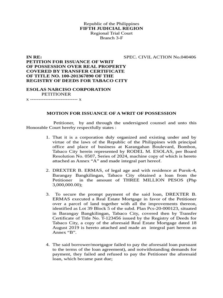 Motion For Issuance of Writ of Possession | PDF