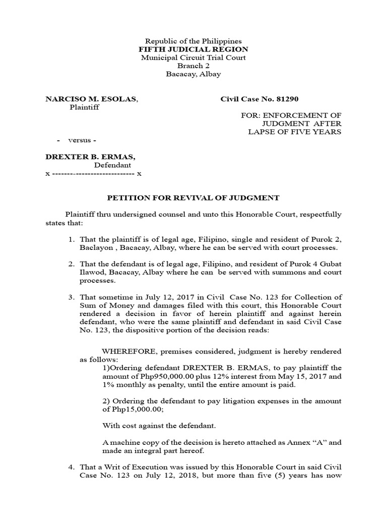 Petition For Revival of Judgment | PDF