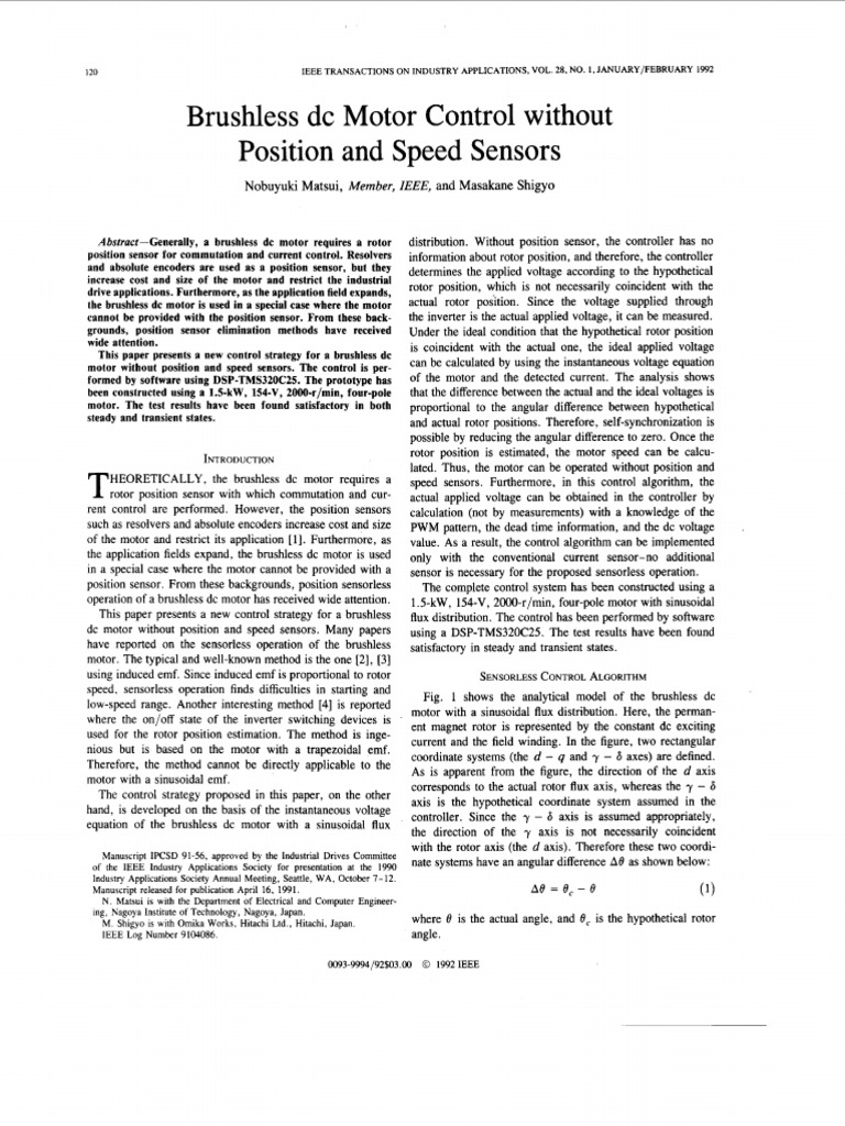 Brushless DC Motor Control Without Position and Speed Sensors | PDF