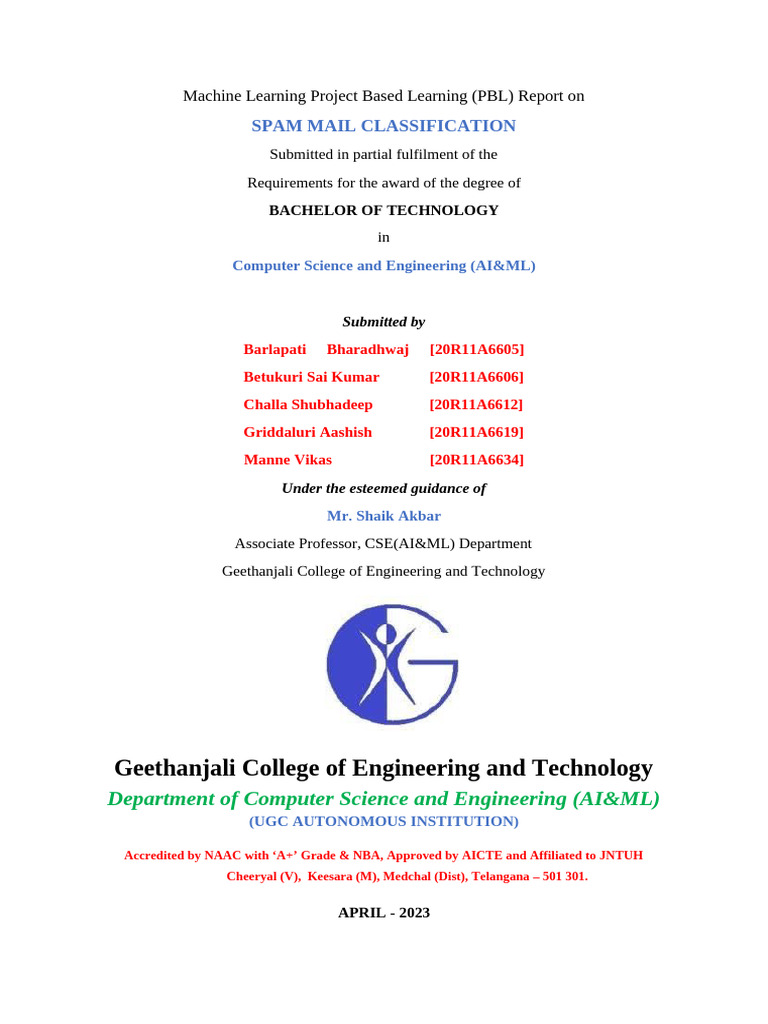 PBL Report Spam Mail Classifier | PDF