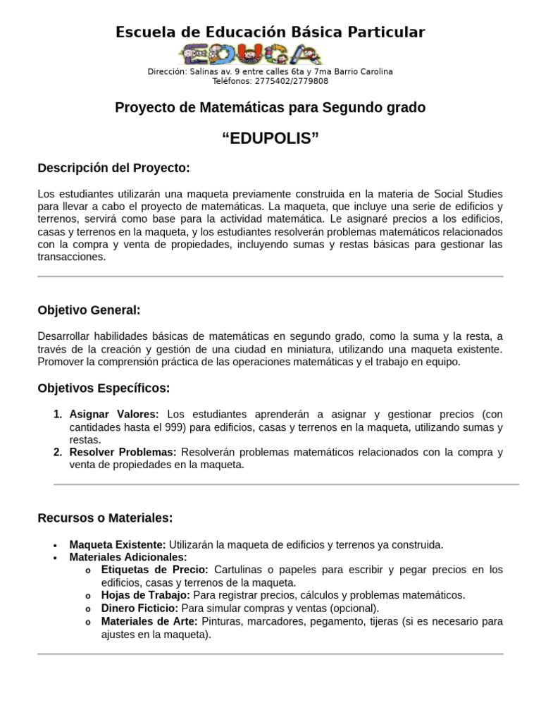 Proyecto de Matemáticas para Segundo Grado | PDF