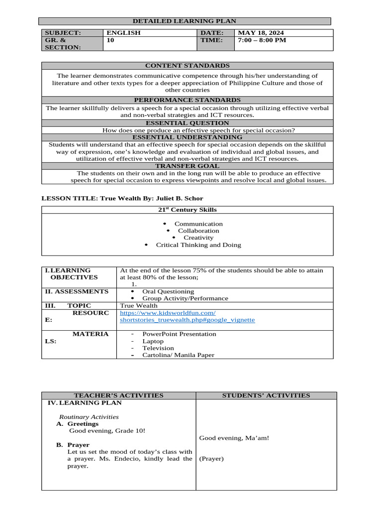 DETAILED LEARNING PLAN - Imperial, Irma R. | PDF