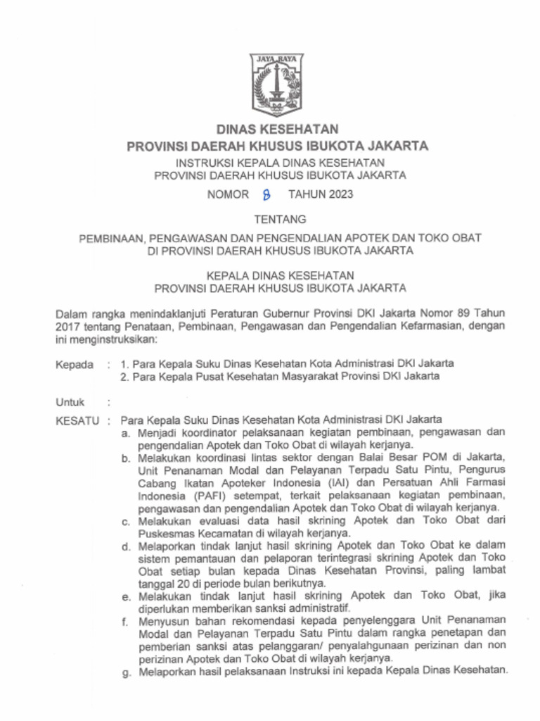 Intruksi Kepala Dinas Kesehatan Nomor.8 Tahun 2023 Tentang Binwasdal Apotek Dan Toko Obat | PDF
