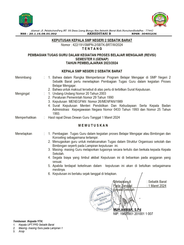 SK PEMBAGIAN TUGAS 2023-2024 Genap - REVISI | PDF