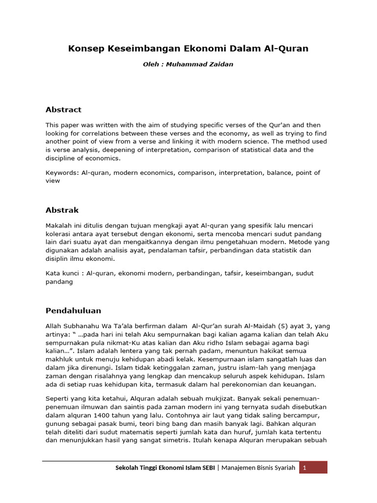 Muhammad Zaidan - Konsep Keseimbangan Ekonomi Dalam Al-Quran | PDF
