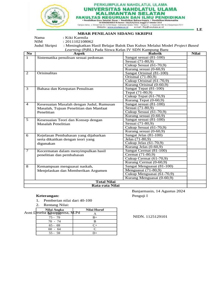 Lembar Penilaian Ujian Skripsi Penguji I | PDF