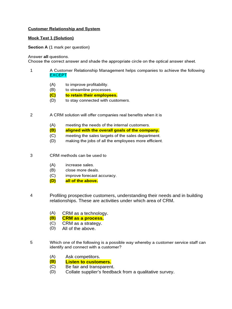 Customer Relationship Management Mock Test | PDF | Customer ...
