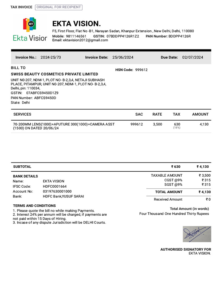 2024-25 73-Sales Invoice-Swiss Beauty Cosmetics Private Limited | PDF