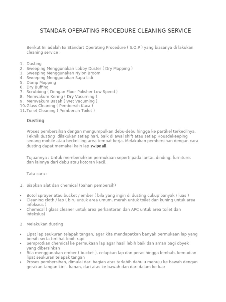 Standar Operating Procedure Cleaning Service | PDF