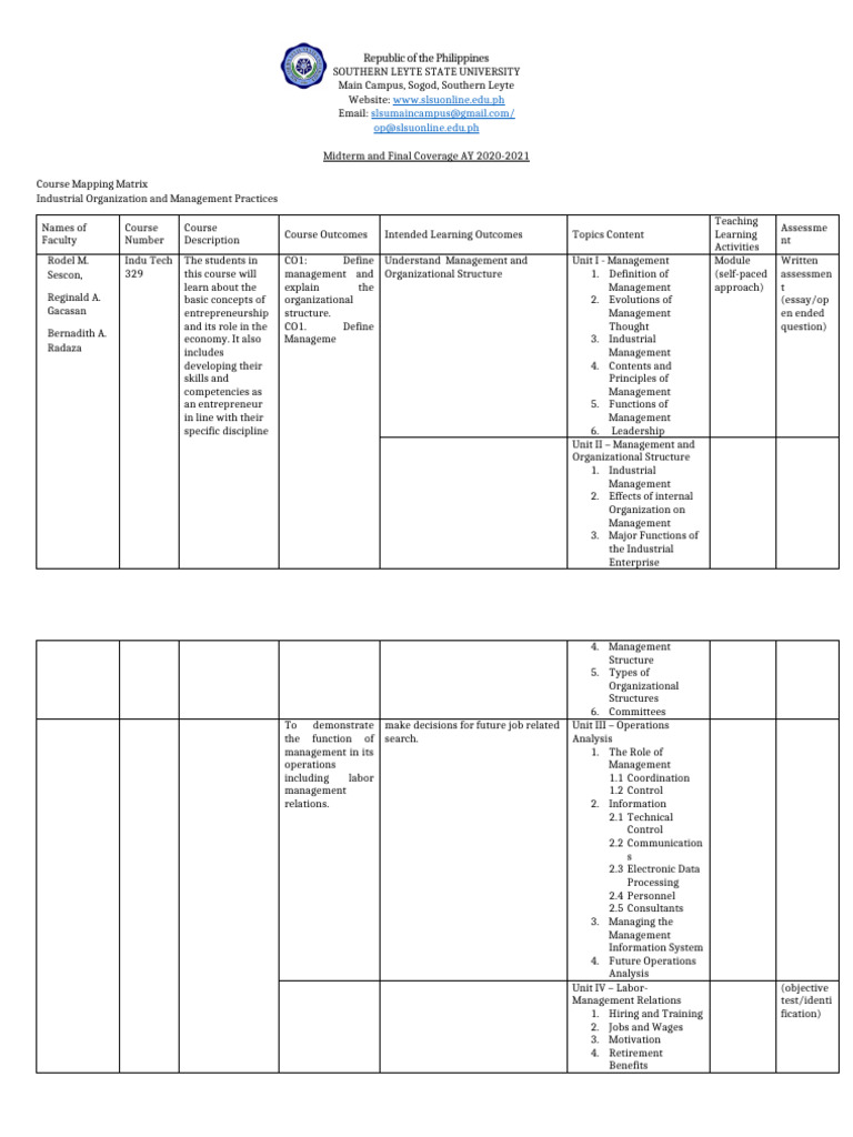 Indu Tech 329 - Course Map | PDF