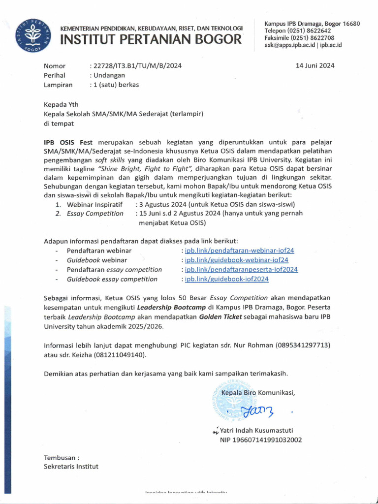 Surat Undangan IPB OSIS Fest 2024 | PDF