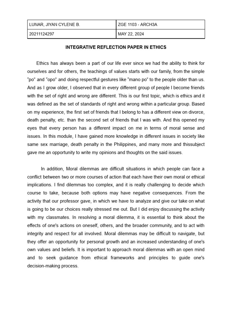 Integrative Reflection Paper in Ethics | PDF