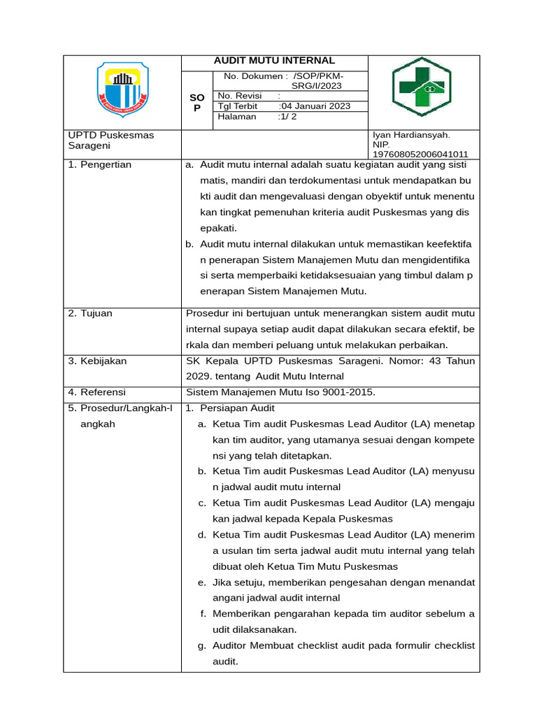 1.6.1. B. SOP AUDIT MUTU INTERNAL | PDF