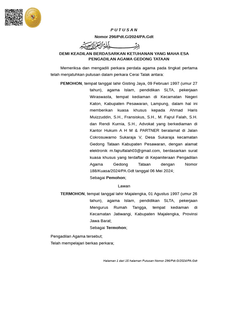 Putusan 296 PDT.G 2024 Pa - GDT 20240610234559 | PDF