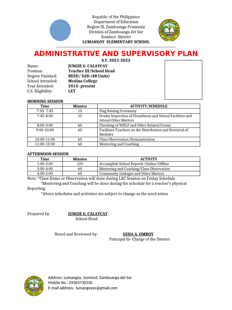 Administrative and Supervisory Plan | PDF