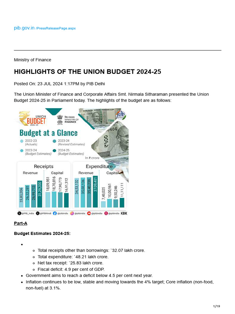 PIB - Highlights of the Union Budget 2024-25 | PDF PIB - Highlights of the Union Budget 2024-25 | PDF
