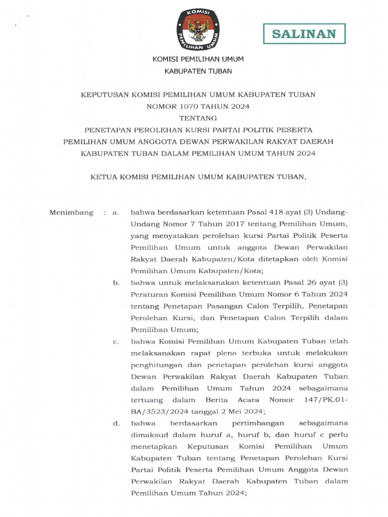 1070 Salinan Perolehan Kursi | PDF
