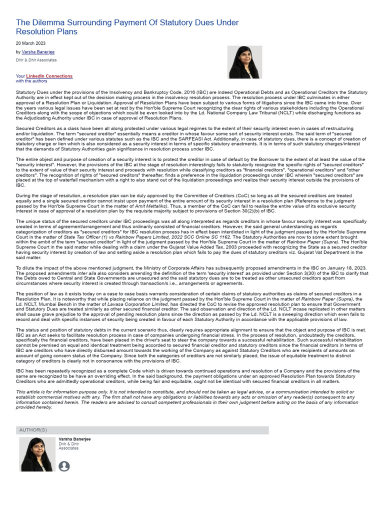 The Dilemma Surrounding Payment of Statutory Dues Under Resolution ...